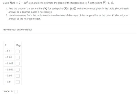 solved given f x 2−5x3 use a table to estimate the slope