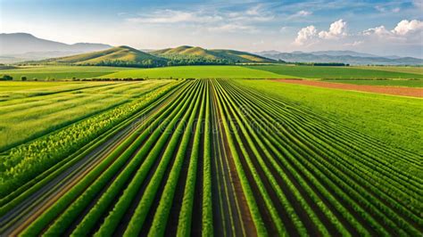 aerial view of lush green fields stretching across rolling hills stock