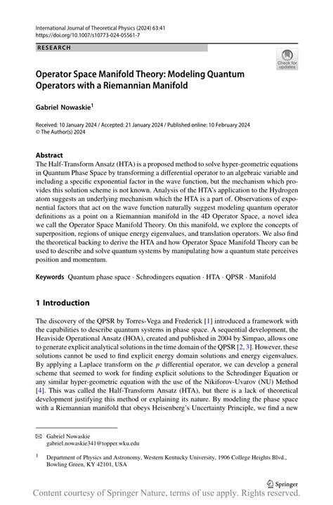 Pdf Operator Space Manifold Theory Modeling Quantum Operators With A