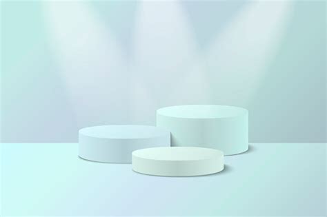 사실적인 실린더 받침대 연단 세트가 있는 하늘색 3d 객실입니다 3가지 개체에 대한 스톡 벡터 아트 및 기타 이미지 3가지