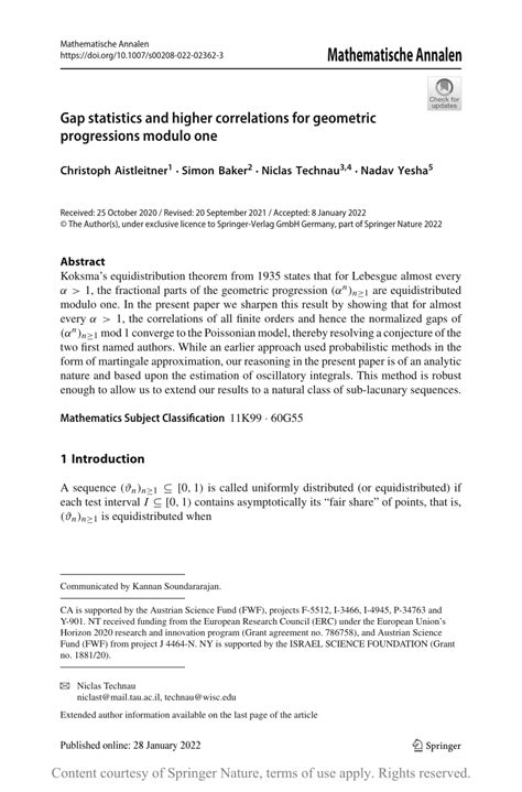 Gap Statistics And Higher Correlations For Geometric Progressions Modulo One Request Pdf
