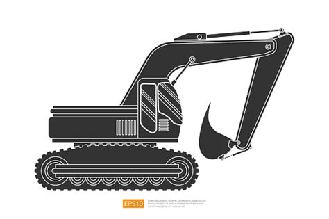 측면 보기 흰색 배경에 버킷 벡터 그림이 있는 실루엣 굴삭기 고립 된 대형 중장비 장비 차량 디젤 굴착기 플랫 만화 건설 및 광산 자동차 아이콘 건설 산업에 대한 스톡 벡터