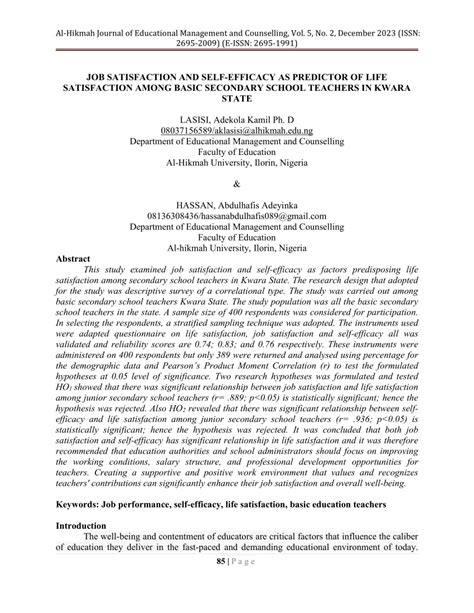 Pdf Job Satisfaction And Self Efficacy As Predictor Of Life
