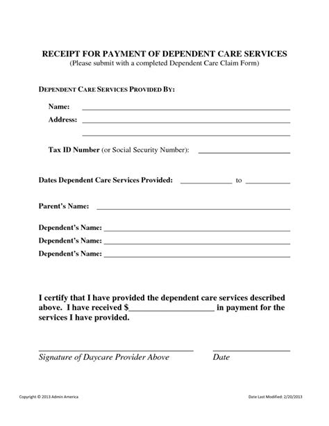 dependent care receipt template sample template ideas
