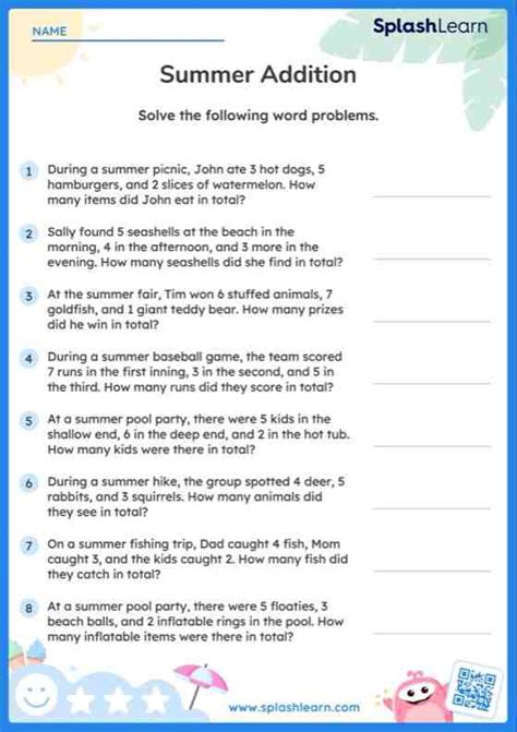Add 3 Numbers Within 20 Summer Word Problems Worksheet