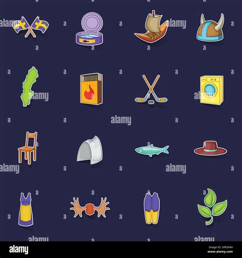 Sweden Icons Set Stikers Collection Vector With Shadow On Purple Background Stock Vector Image