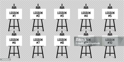 흰색 캔버스에 텍스트가 있는 사실적인 페인트 책상 검은 나무 이젤과 도화지 한 장 삼각대에 프리젠테이션 보드 원격 교육 온라인 과정 및 E러닝 벡터 그림 개념에 대한 스톡