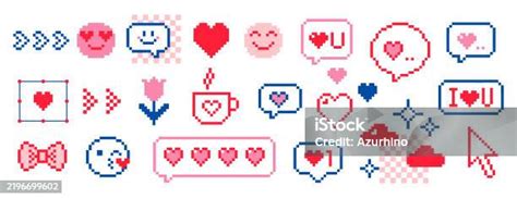 해피 발렌타인 데이 아이콘 세트 하트 미소 얼굴 이모티콘 활 및 말풍선이 있는 복고풍 픽셀 아트 디자인 모자이크 처리에 대한 스톡 벡터 아트 및 기타 이미지 Istock