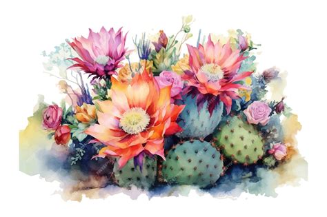 수채화 선인장 평면 벡터 일러스트 레이 션 흰색 배경에 고립 프리미엄 벡터