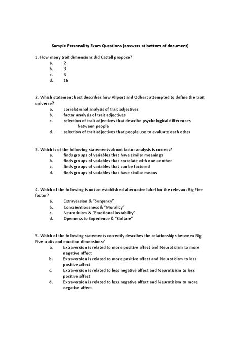 Sample Practice Exam 2015 Questions And Answers Multiple Choice Questions For Personality