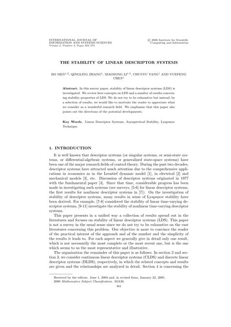 PDF THE STABILITY OF LINEAR DESCRIPTOR SYSTEMS