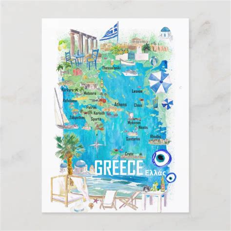 Greece Illustrated Travel Map In Mediterranean Pos Postcard Zazzle