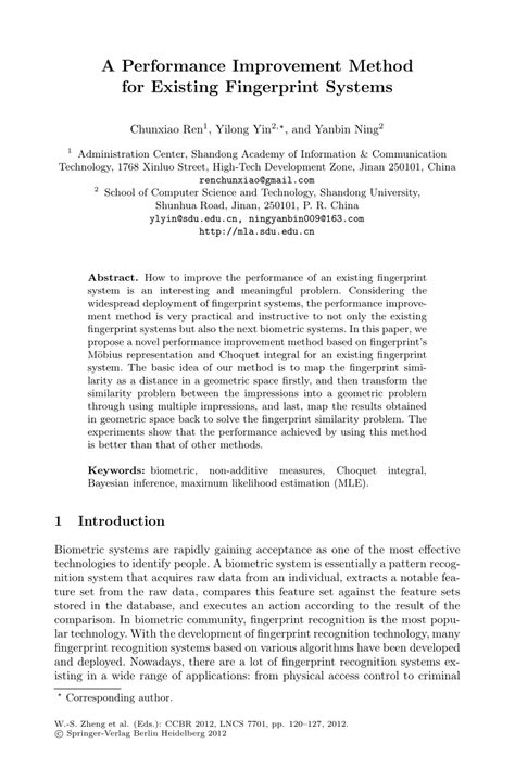 PDF A Performance Improvement Method For Existing Fingerprint Systems