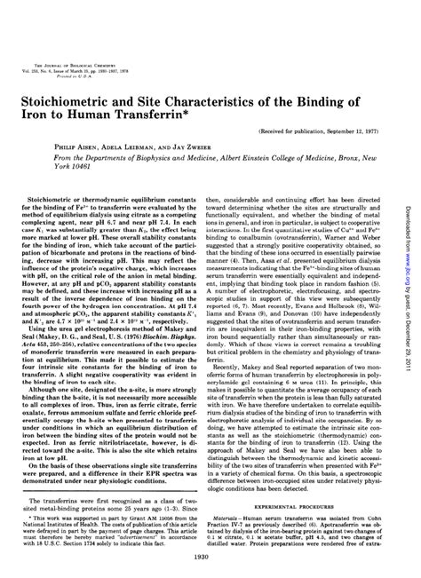 Pdf Stoichiometric And Site Characteristics Of The Binding Of Iron To