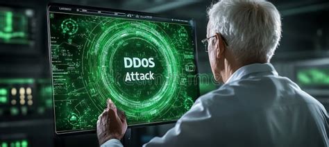 senior cybersecurity expert analyzing a holographic ddos attack warning on a screen in a