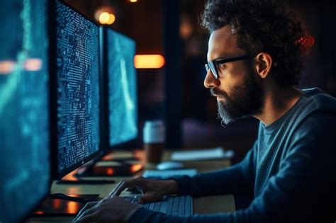Premium Photo A Man Is Typing On A Computer With A Computer Screen Behind Him