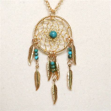 Dream Catcher Turquoise And Gold Dreamcatcher Necklace With Feathers Etsy