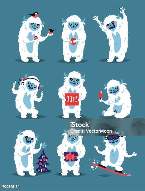 귀여운 설 인 히말라야 설 인 빅 풋 사스 콰 치 빅 풋 사람들 벡터 같은 괴물 캐릭터 설정 크리스마스에 대한 스톡 벡터 아트