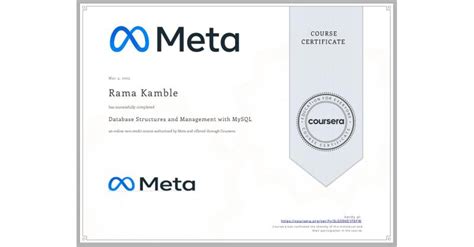 Completion Certificate For Database Structures And Management With Mysql Rama Kamble