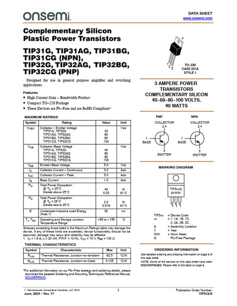 Tip31cg Tip31g Complementary Silicon Plastic Power Transistors On Semiconductor