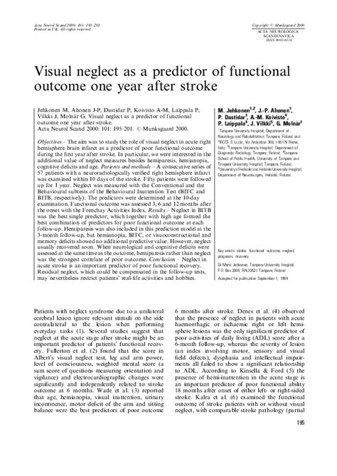 Pdf Visual Neglect As A Predictor Of Functional Outcome One Year After Stroke