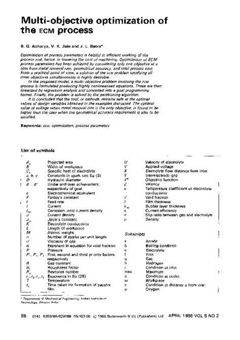 Pdf Multi Objective Optimization Of The Ecm Process List Of Symbols A A
