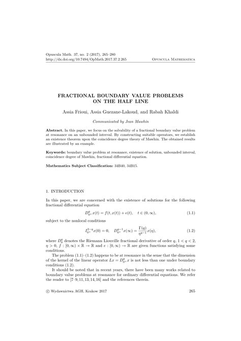 Pdf Fractional Boundary Value Problems On The Half Line