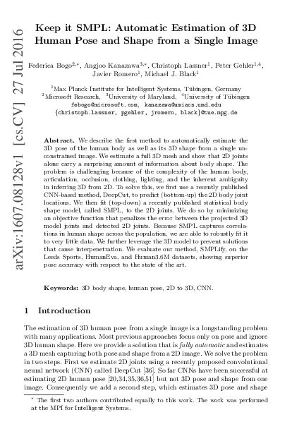 Pdf Keep It Smpl Automatic Estimation Of 3d Human Pose And Shape From A Single Image