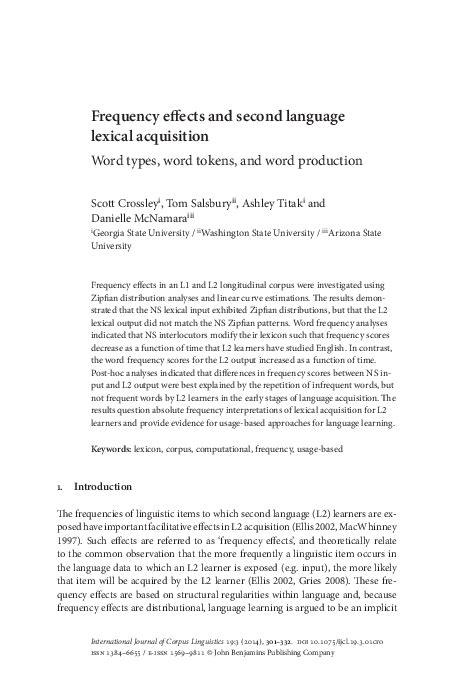 Pdf Frequency Effects And Second Language Lexical Acquisition Word Types Word Tokens And