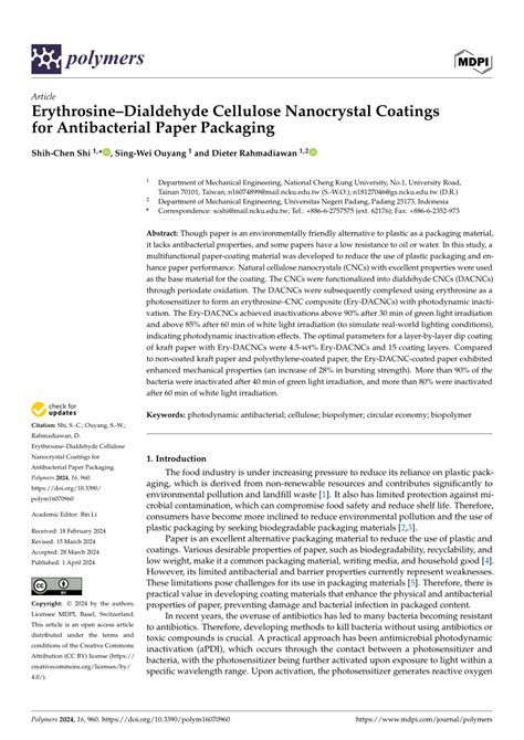 Pdf Erythrosine Dialdehyde Cellulose Nanocrystal Coatings For Antibacterial Paper Packaging
