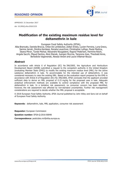 Pdf Modification Of The Existing Maximum Residue Level For Deltamethrin In Kale