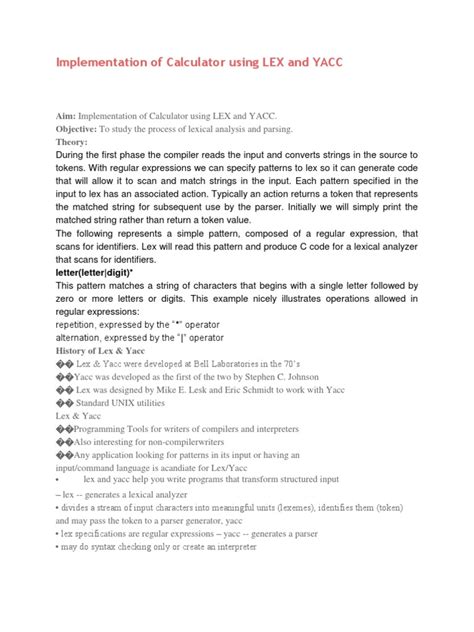 Implementation Of Calculator Using Lex And Yacc Pdf Parsing Regular Expression