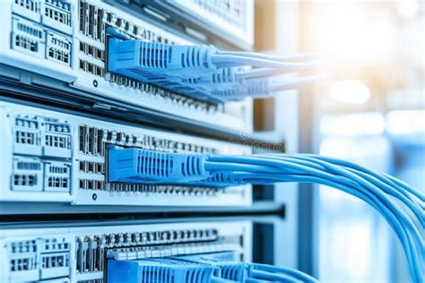 Networking Switch With Ethernet Cables In A Modern Data Center Setup