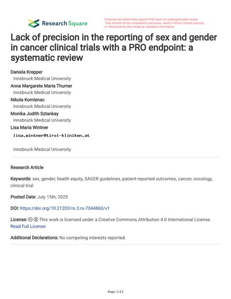Pdf Lack Of Precision In The Reporting Of Sex And Gender In Cancer