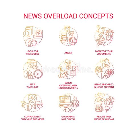 News Overload Red Gradient Concept Icons Set Stock Vector Illustration Of Pressure Stress