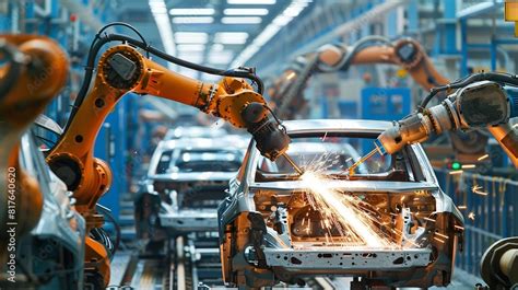 Automated Robots Are Diligently Assembling A Car On An Industrial