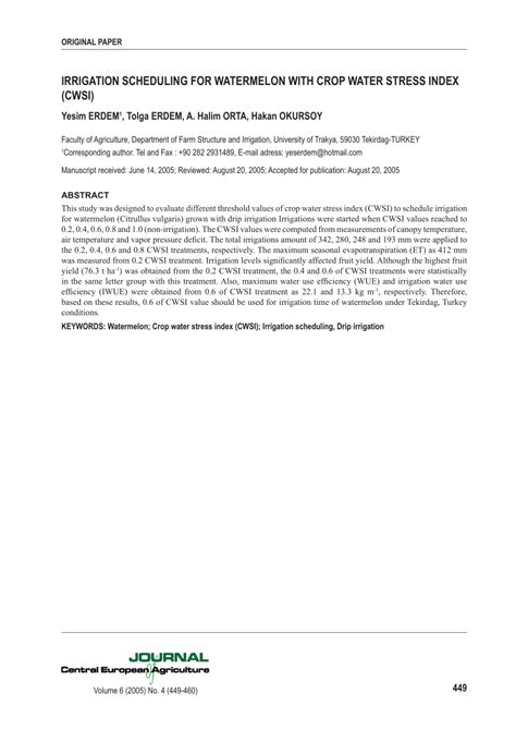 Pdf Irrigation Scheduling For Watermelon With Crop Water Stress Index