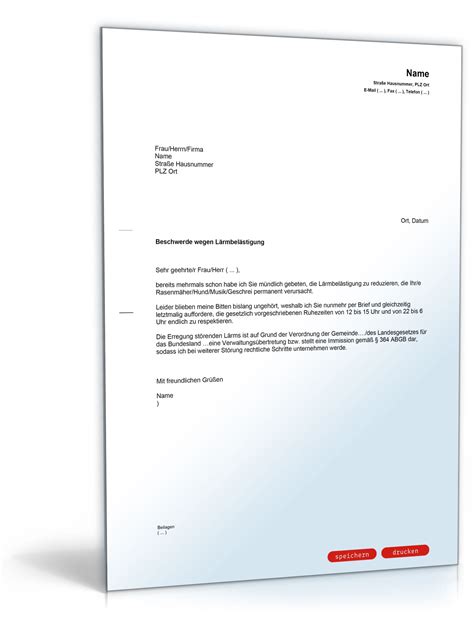 Beschwerde Lärmbelästigung durch Nachbar Muster Vorlage zum Download