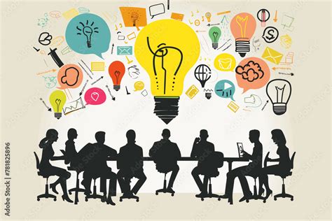 Brainstorming Session With Lightbulb Ideas Silhouetted Professionals