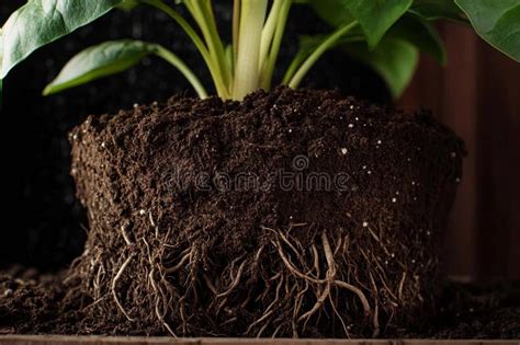 Exploring The Intricate Roots Of A Thriving Plant In Rich Dark Soil Generative Ai Stock