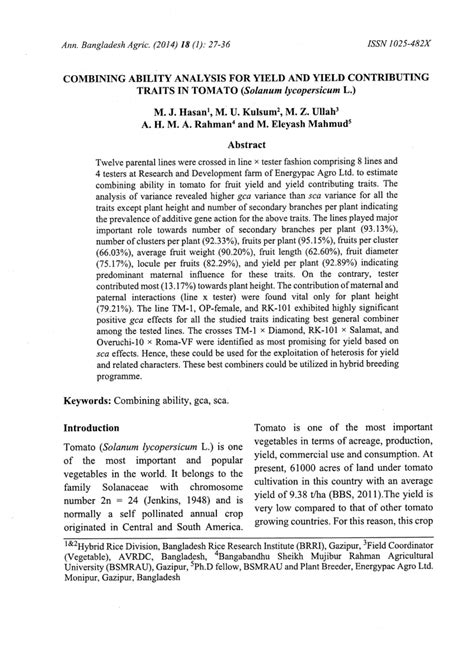 Pdf Combining Ability Analysis For Yield And Yield Contributing