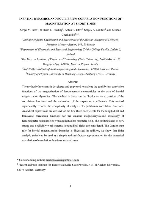 Pdf Inertial Dynamics And Equilibrium Correlation Functions Of Magnetization At Short Times