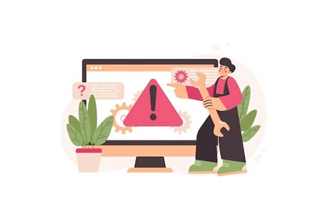 평평한 만화 스타일의 사람 장면이 있는 기술 지원 빨간색 개념 기술자가 수정하러 왔습니다 프리미엄 벡터