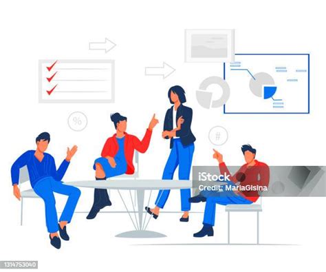 회의실에서 채팅하는 사람들과 비즈니스 미팅 장면 평평한 벡터 가 분리된 장면 가정의 방에 대한 스톡 벡터 아트 및 기타 이미지 가정의 방 경영자 계획 Istock