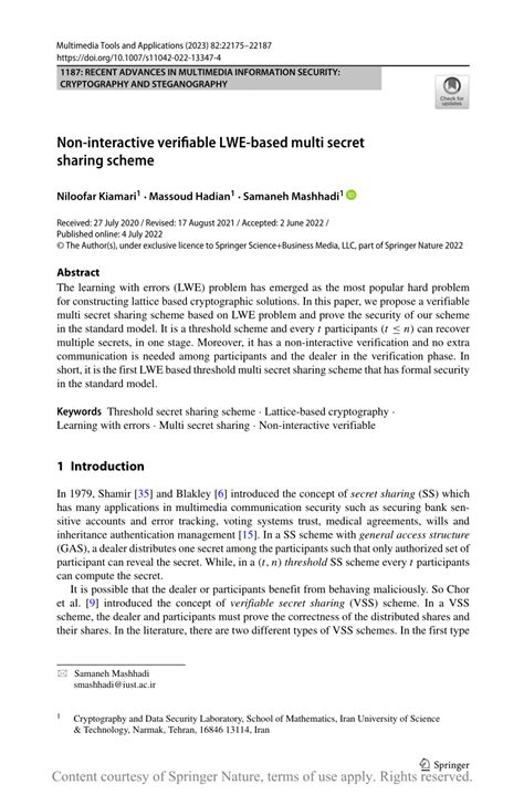 Non Interactive Verifiable Lwe Based Multi Secret Sharing Scheme Request Pdf