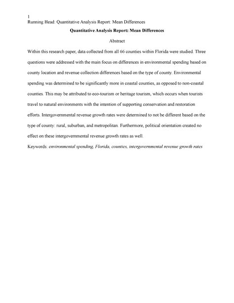 Quantitative Analysis Report Mean Differences Running Head Quantitative Analysis Report