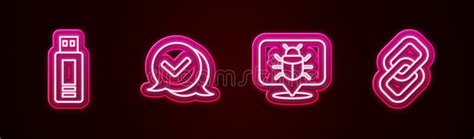 Set Line USB Flash Drive Check Mark In Speech Bubble System Bug And Chain Link Glowing Neon