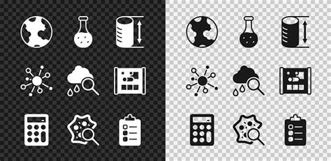 지구 지구본 시험관 높이 기하학적 도형 계산기 돋보기 아래 미생물 목록 계획 분자 및 비 아이콘으로 구름을 설정합니다 벡터 0