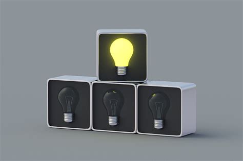 성공적인 투자 버튼에 빛나는 전구 인공지능 혁신적인 돌파구 옳은 결론 새로운 발명품 창조적 인 시작 유망한 발견 3d 렌더링 3차원 형태에 대한 스톡 사진 및 기타 이미지