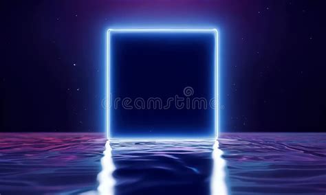 Floating Dark Blue Neon Rectangle Above The Podium Over A Reflective Liquid Like Surface Stock